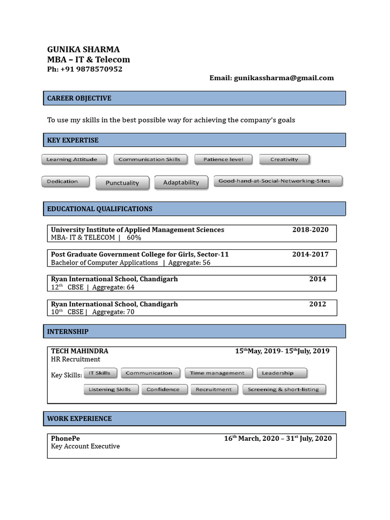 Gunika Sharma: IT & Telecom MBA Resume | PDF | Business