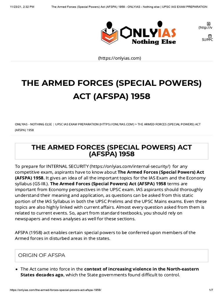 The Armed Forces (Special Powers) Act (Afspa) 1958 - Onlyias - Nothing Else - Upsc Ias Exam ...