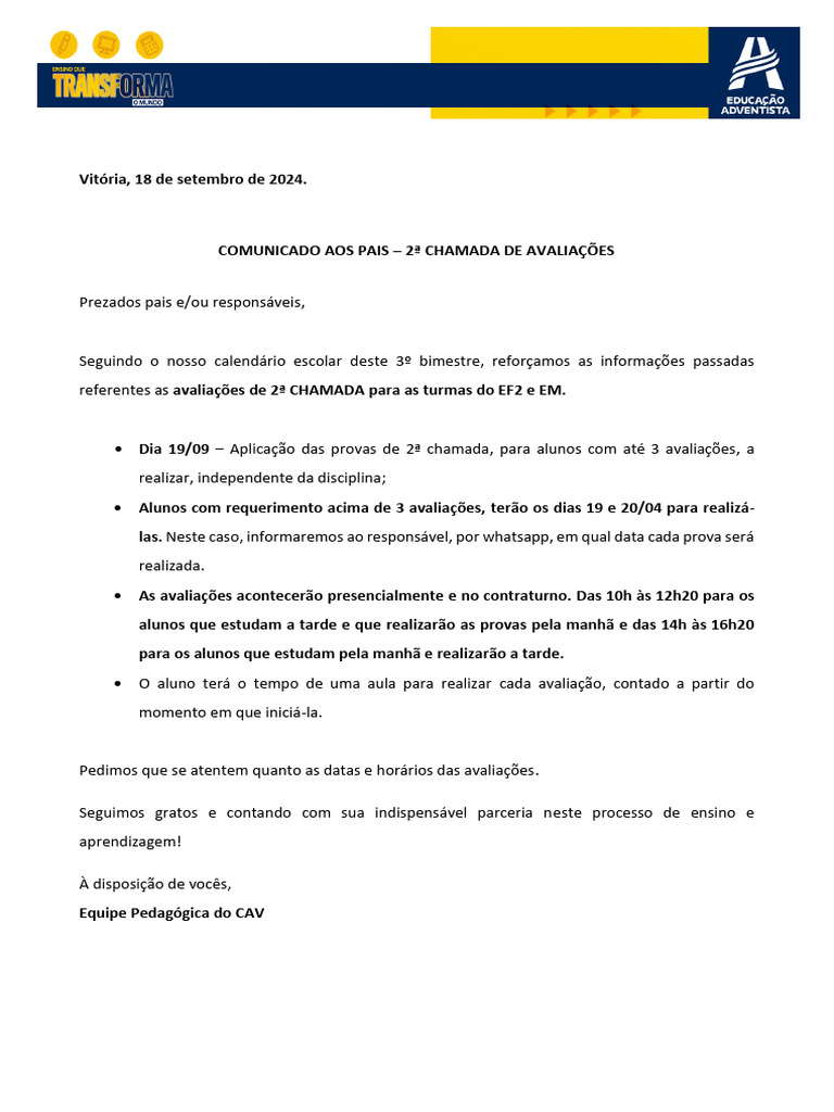 Lembrete de 2 Chamada AV 3º Bimestre de 2024 | PDF | Carreira e Crescimento