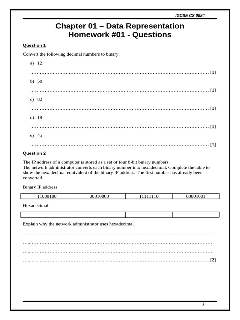Chapter 01 - Data Representation Homework #01 - Questions: Igcse Cs ...