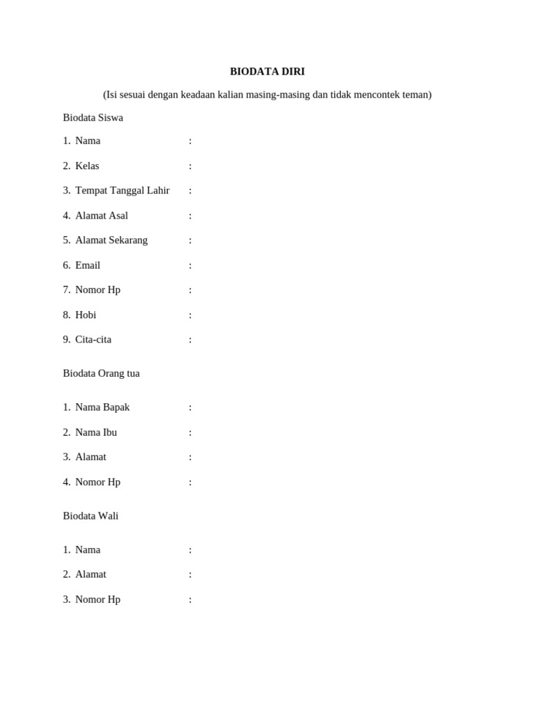 Biodata Diri X TKR 1 | PDF | Ilmu Sosial
