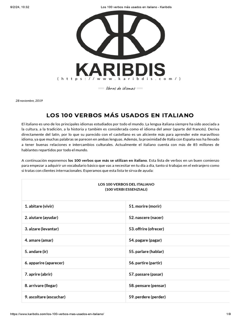 Los 100 Verbos Más Usados en Italiano - Karibdis | PDF | Verbo | Idioma ...