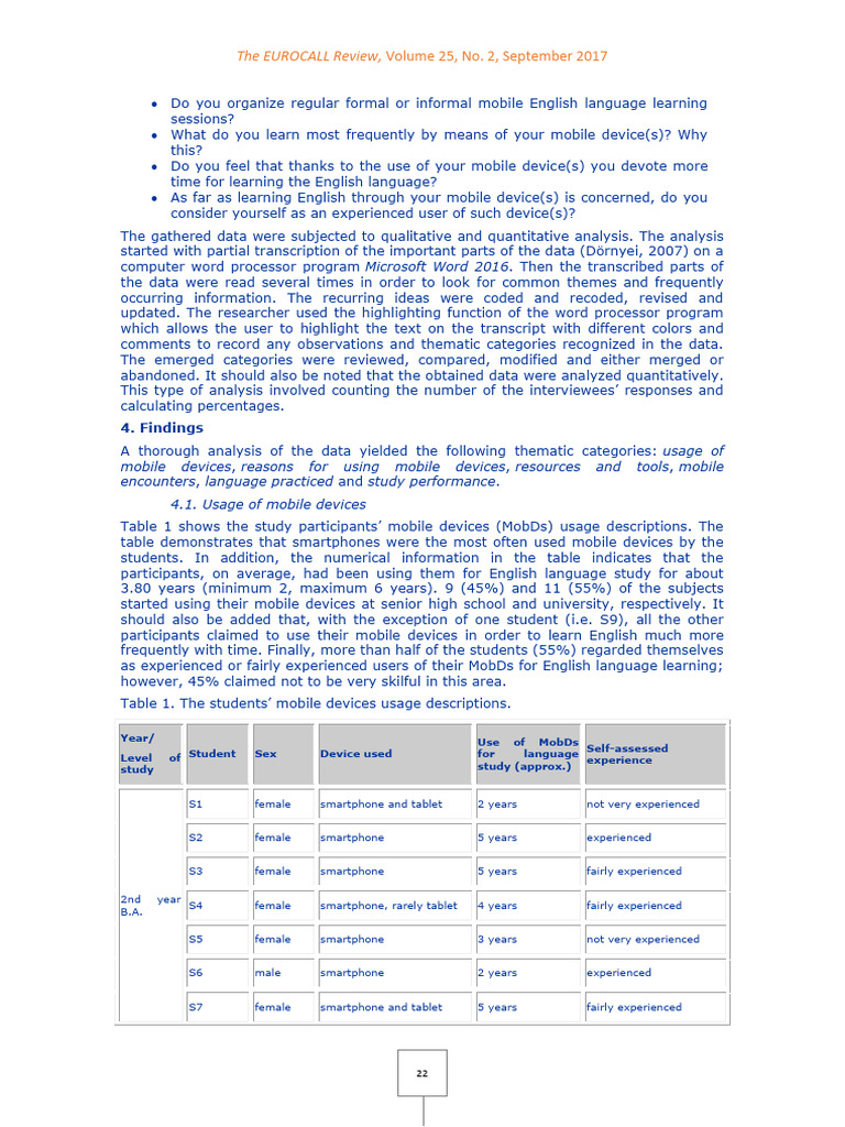 The EUROCALL Review, Volume 25, No. 2, September 2017: 4. Findings | PDF | Data | Smartphone