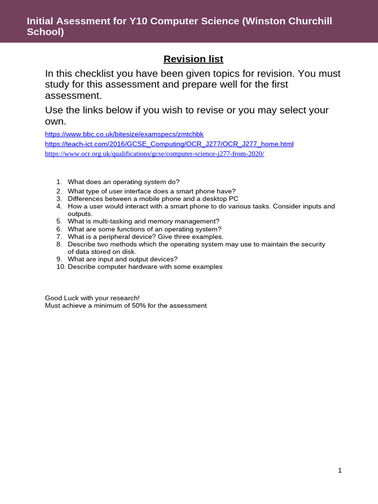 Initial Assessment Revision List - Computer Science | PDF | Business | Computers