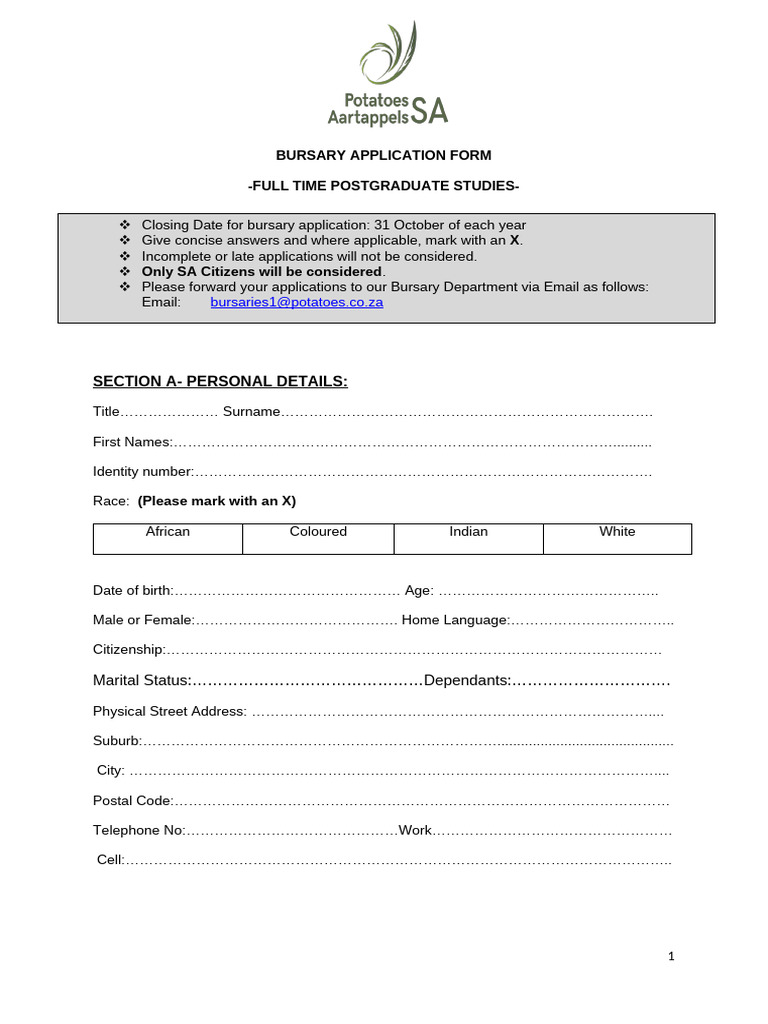 Postgraduate Bursary Application Form | PDF
