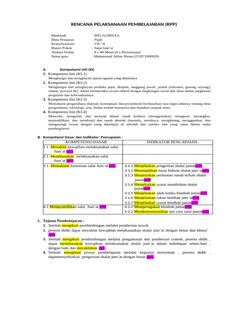 RPP REVISI Pengertian Sholat Jumat, Hukum, Rukun, Syarat, Sunnah-Sunnah, Hikmah, Dan Tata Cara ...