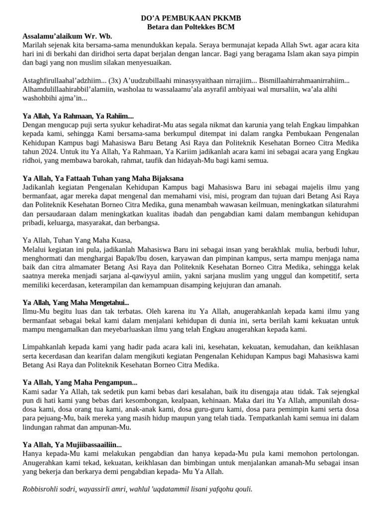 Doa Pmbukaan PKKMB | PDF