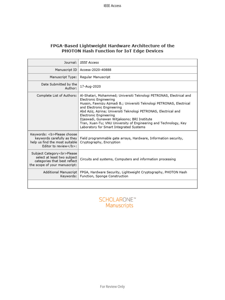 FPGA-Based Lightweight Hardware Architecture of The | PDF | Field Programmable Gate Array ...