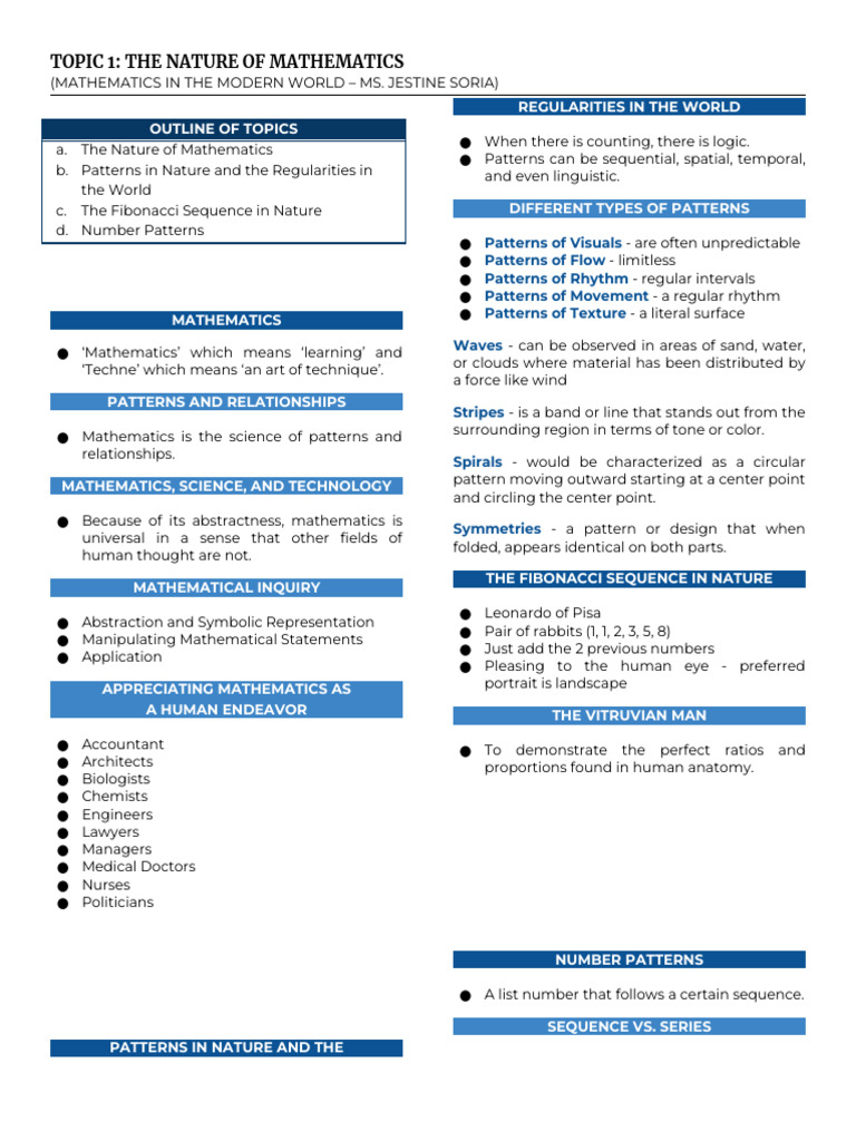 Topic 1 - The Nature of Mathematics | PDF | Pattern | Numbers