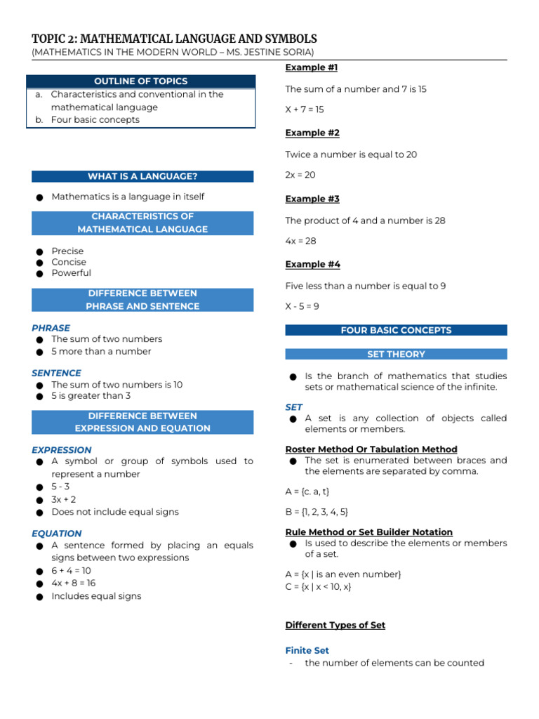 TOPIC 2_ MATHEMATICAL LANGUAGE AND SYMBOLS | PDF | Numbers | Mathematics