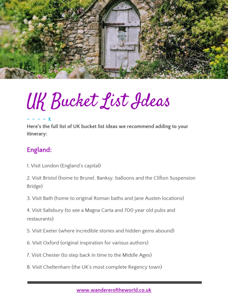 Printable UK Bucket List Template | PDF | Devon | London