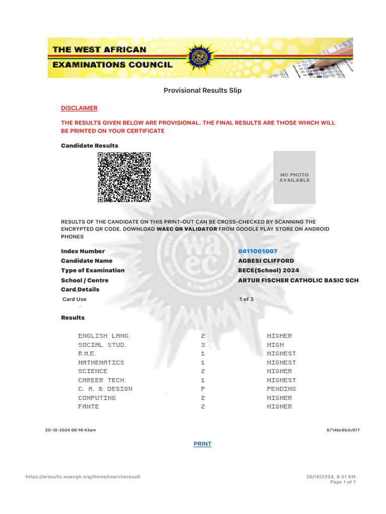 BECE 2024 Provisional Results Slip | PDF