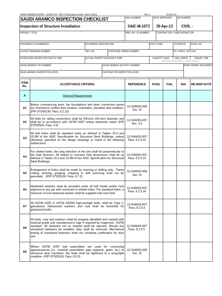 SAIC-M-1073 Rev 6 (Final) Steel Structure Inspection | PDF | Stairs | Screw