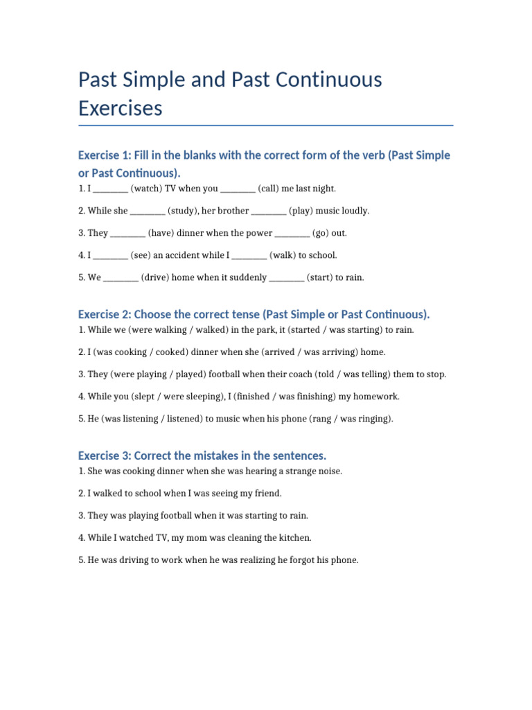 Past Simple and Past Continuous Exercises A2 | PDF