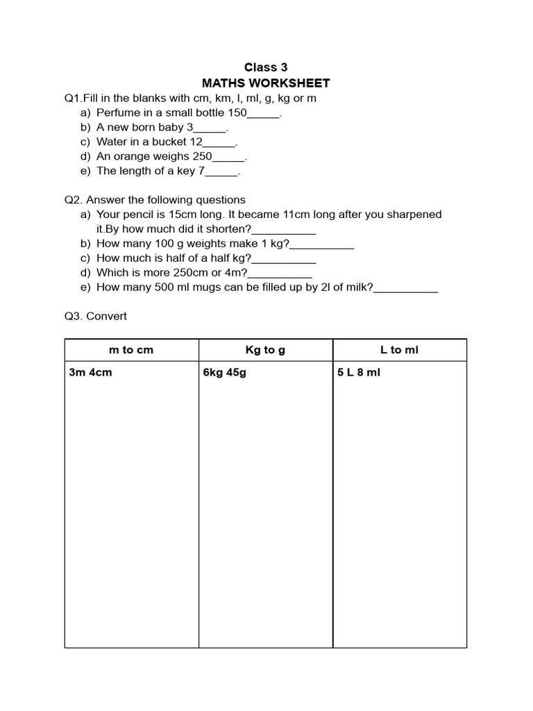 Class 3 Math Worksheet | PDF | Teaching Methods & Materials