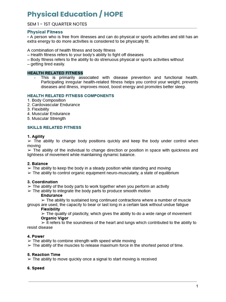 Hope - Pe 1 Sem 1 - 1ST Q | PDF | Physical Fitness | Flexibility (Anatomy)