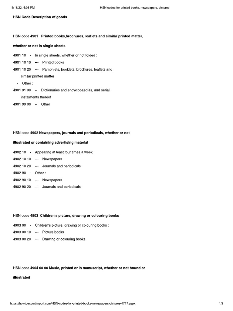 HSN Codes For Printed Books | PDF