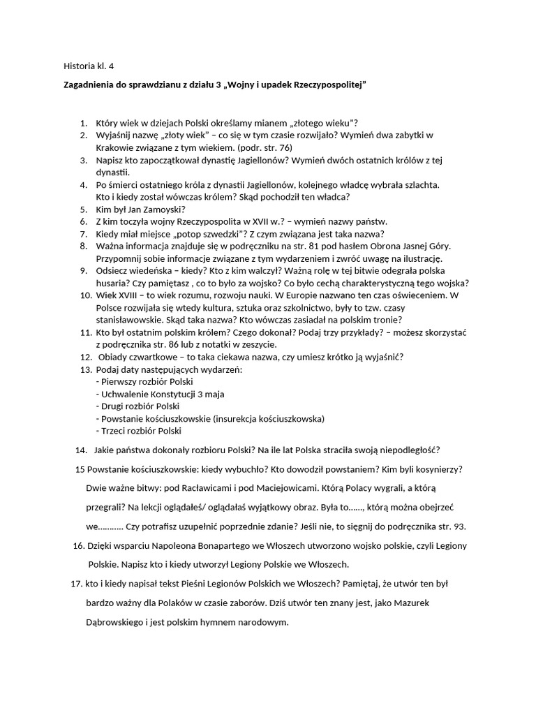 Historia Kl. 4 Zagadnienia Do Sprawdzianu Z Działu 3. | PDF
