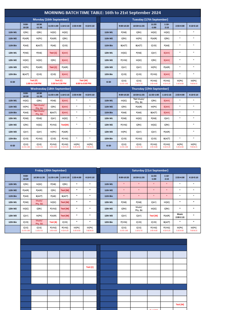 Morning and Evening Batch Timetable | PDF