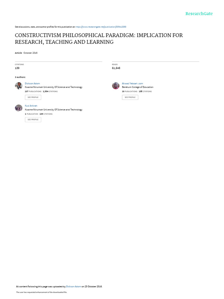 Constructivism Philosophical Paradigm Implication For Research Teaching ...