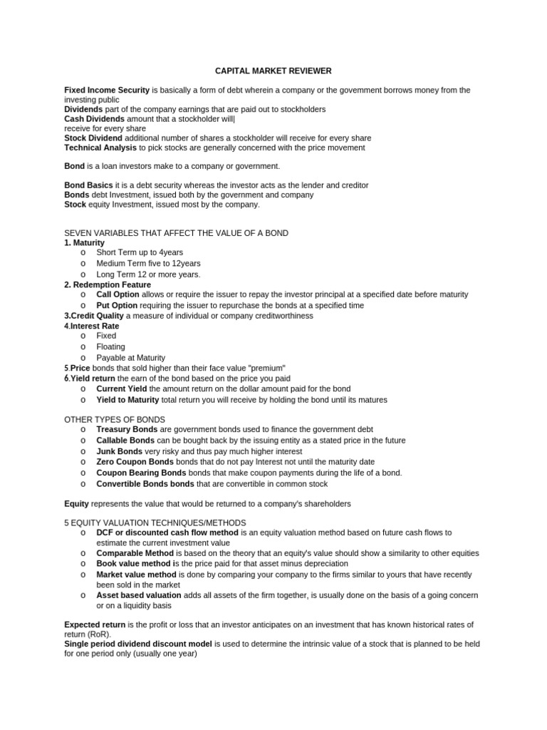 Midterm Reviewer (Capital Market) | PDF | Bonds (Finance) | Stocks