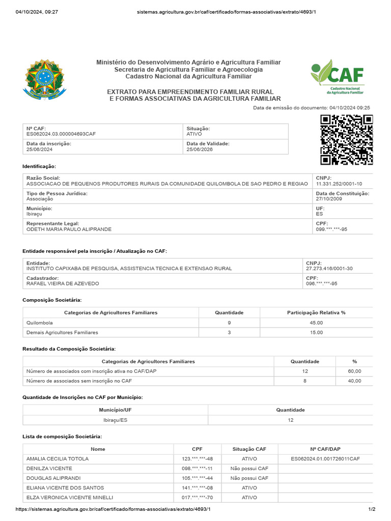 Extrato caf juridica quilombolas | PDF | Agricultura | Brasil