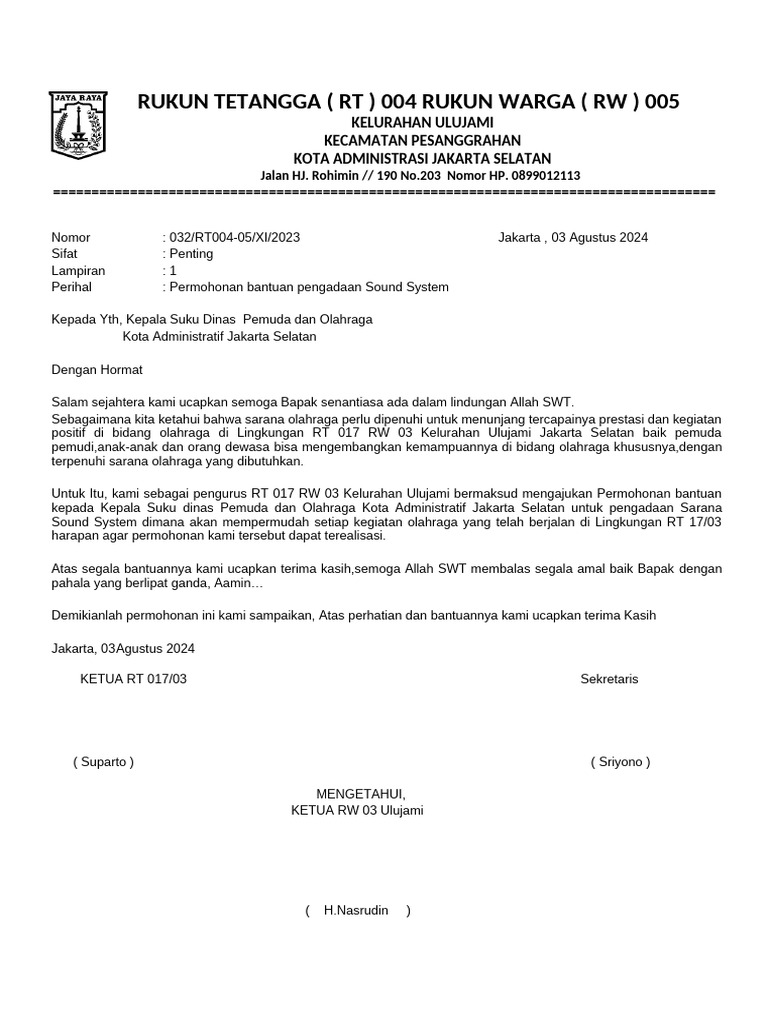 Surat Pengantar Sound System RT04 | PDF