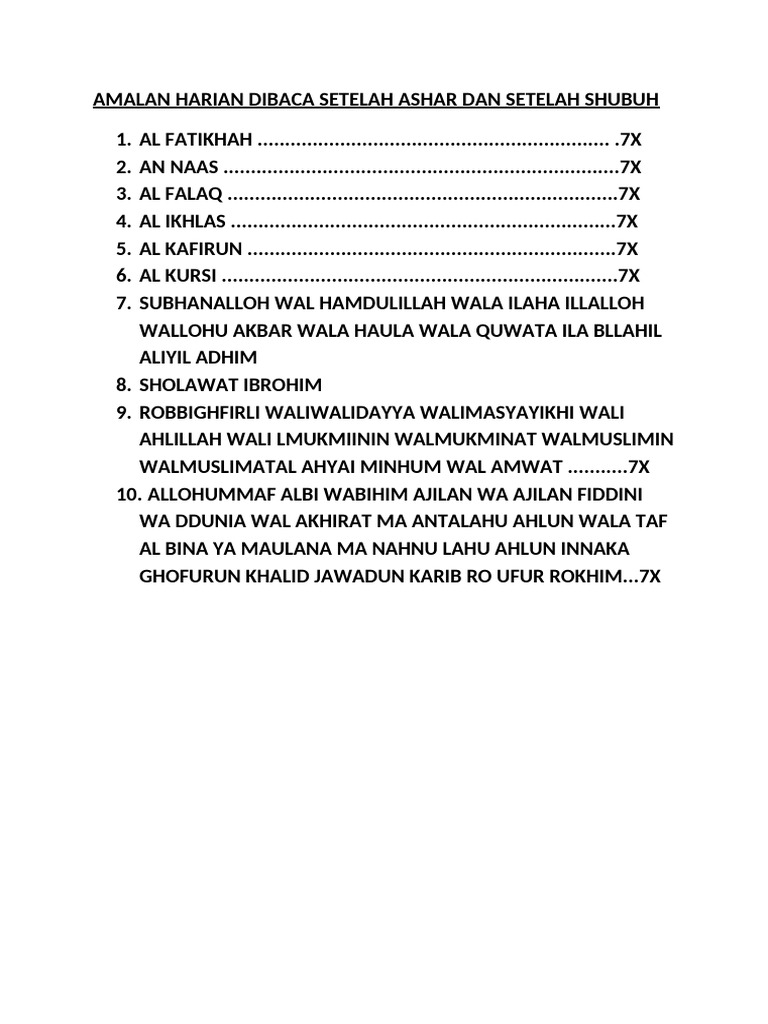 Amalan Harian Dibaca Setelah Ashar Dan Setelah Shubuh | PDF