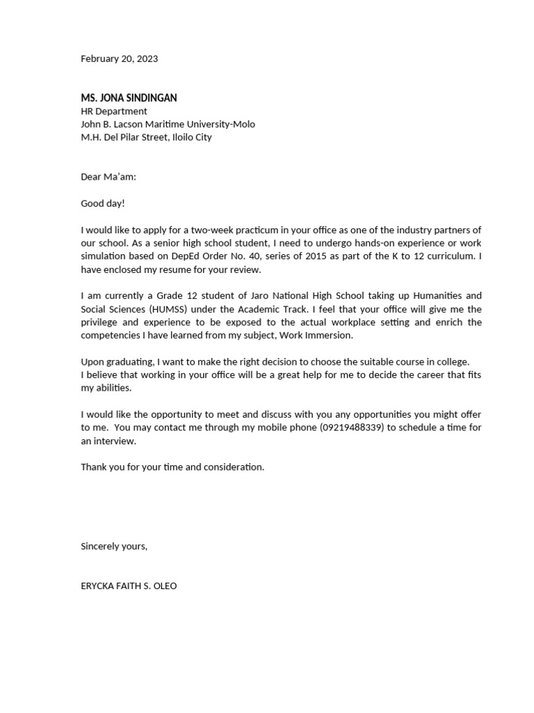 Application Letter Work Immersion | PDF | Social Science | Wellness