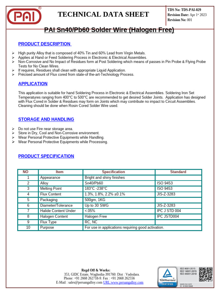 PAI Sn40/Pb60 Solder Wire Data Sheet | PDF | Soldering | Solder