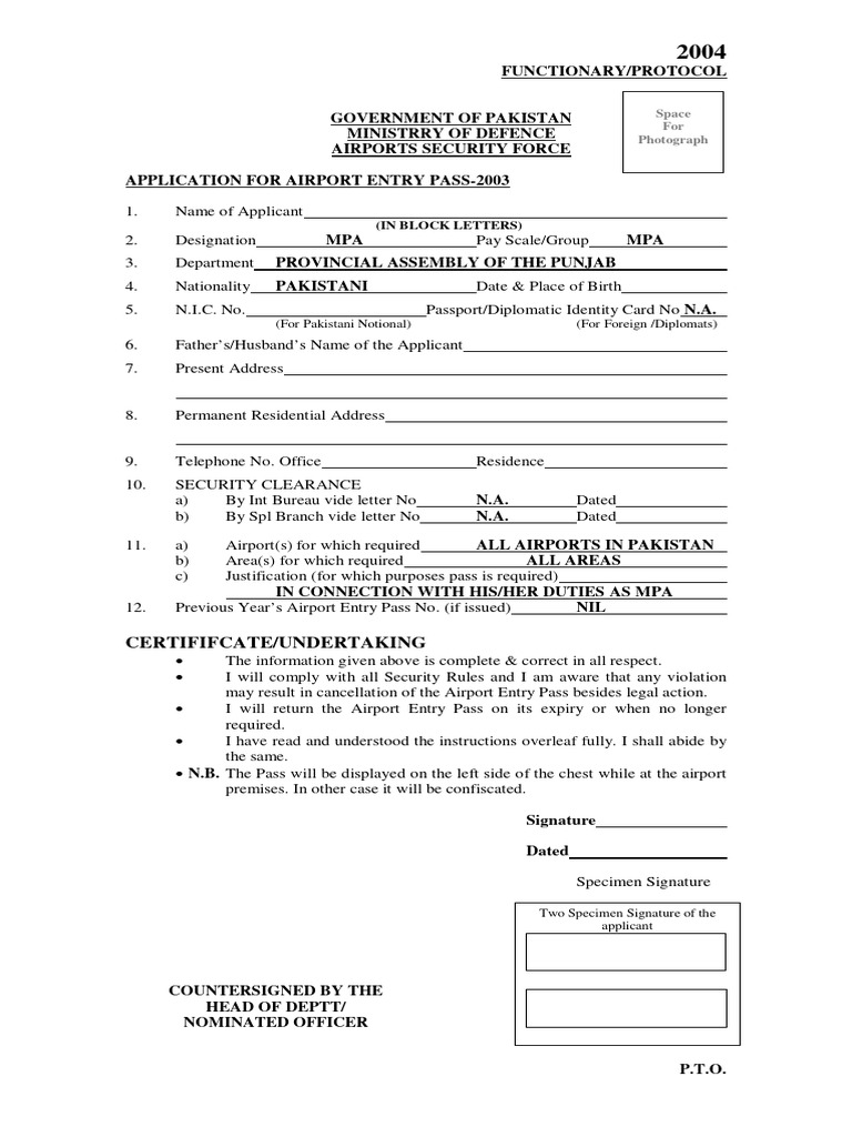 Airport Entry Pass Application Form | PDF | Government And Personhood ...