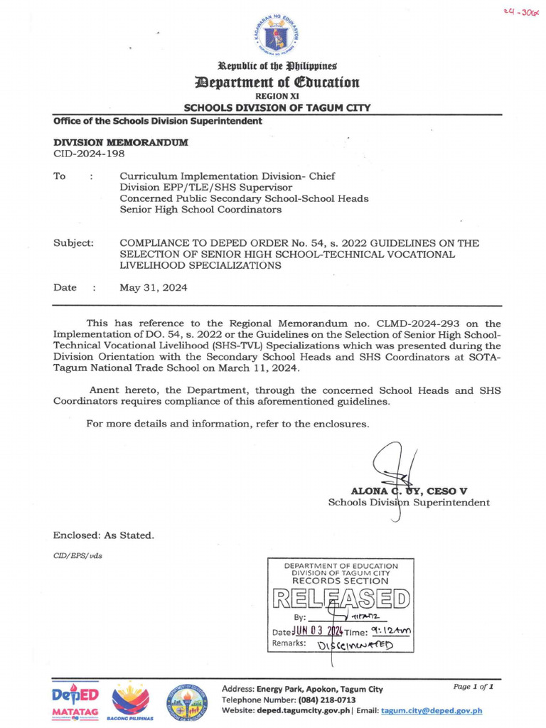 DM CID 2024 198 6 3 2024 COMPLIANCE TO DEPED ORDER NO. 54 S. 2022 ...