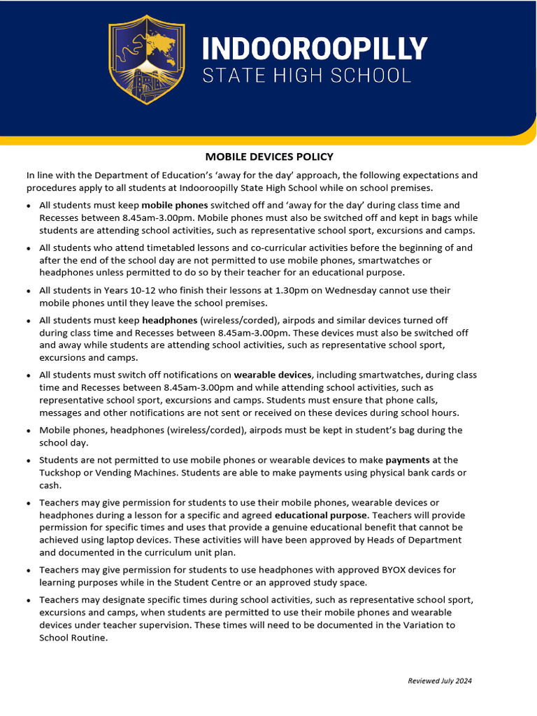 Mobile Devices Policy ISHS | PDF | Mobile Phones