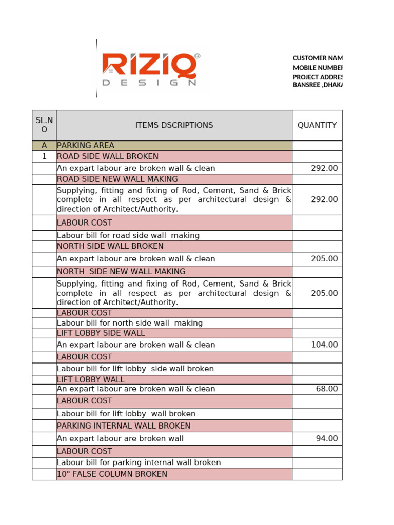 Bonosree Civil Work Quotation | PDF | Plaster | Wall