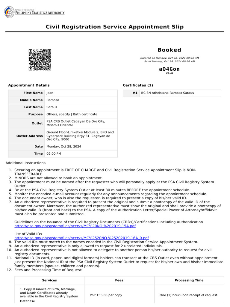 Civil Registration Service Appointment Slip: aQ4Gon | PDF | Government