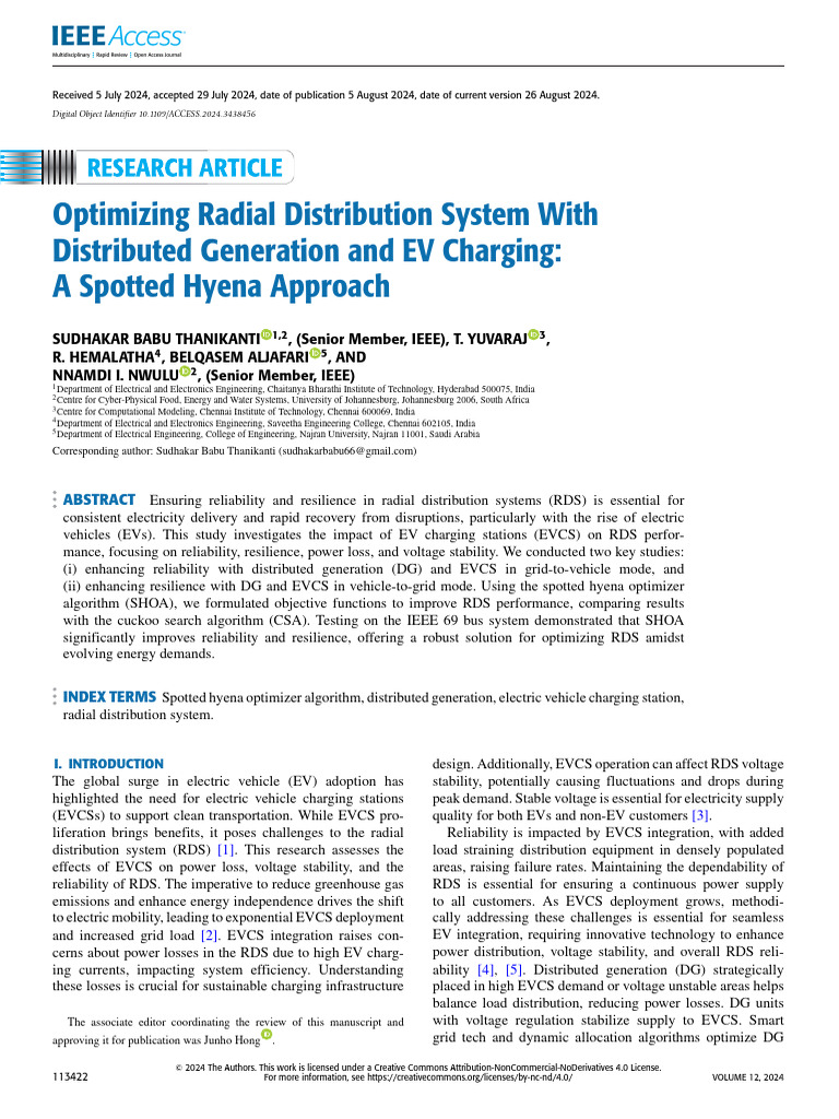 Optimizing Radial Distribution System With Distributed Generation and EV Charging A Spotted ...