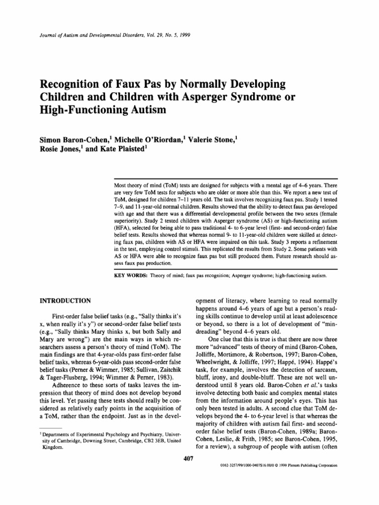 Recognition of Faux Pas by Nor | PDF | Theory Of Mind | Cognitive Science