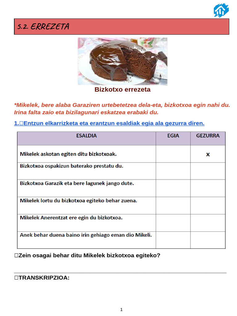 Euskera 5.2 Gaia. Errezeta | PDF