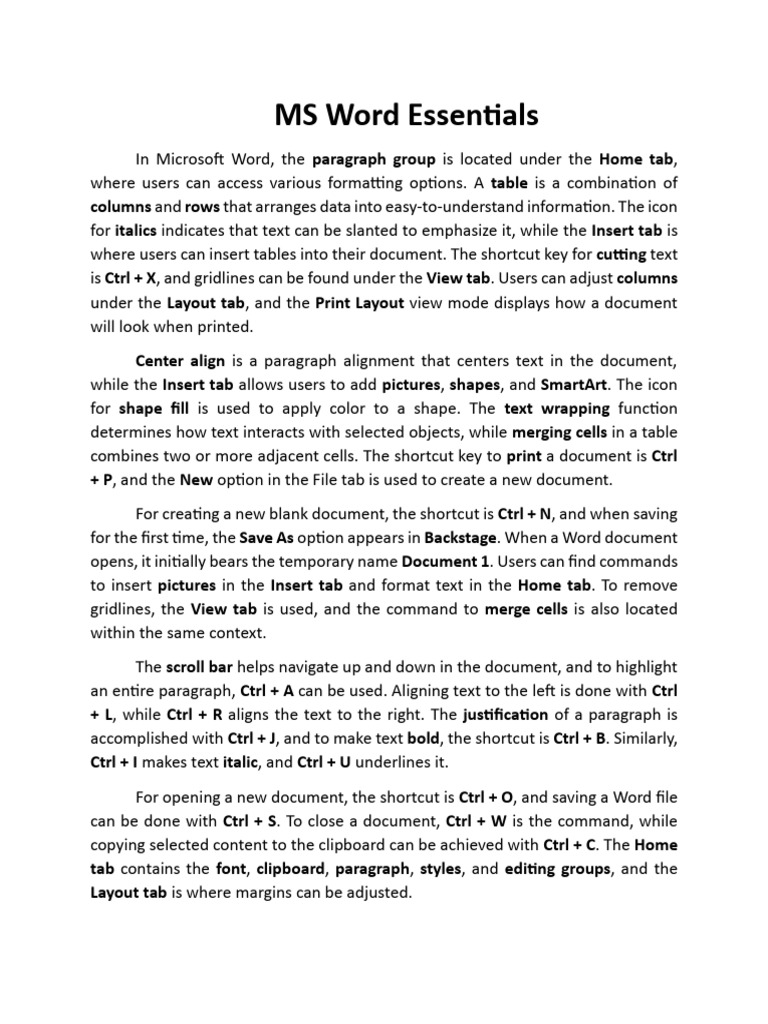 MS Word Essentials | PDF | Microsoft Word | Keyboard Shortcut
