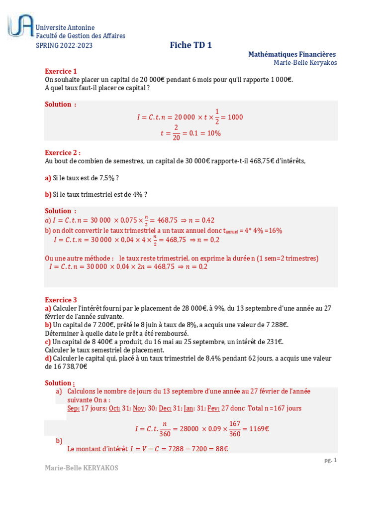 Maths Financieres-FicheTD1+Solution | PDF | Mathématiques