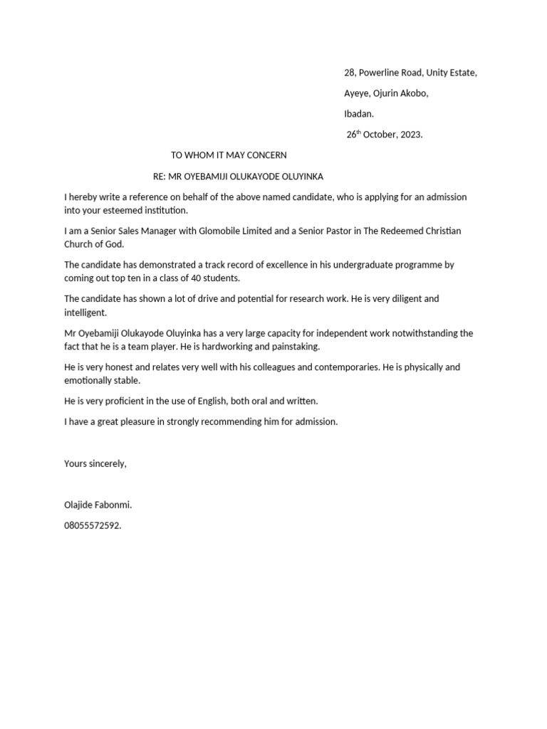 Kayode Oyebamiji Oluyinka Reference Letter | PDF