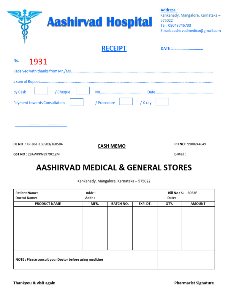 Aashirvad Hospital - Receipt & CM | PDF