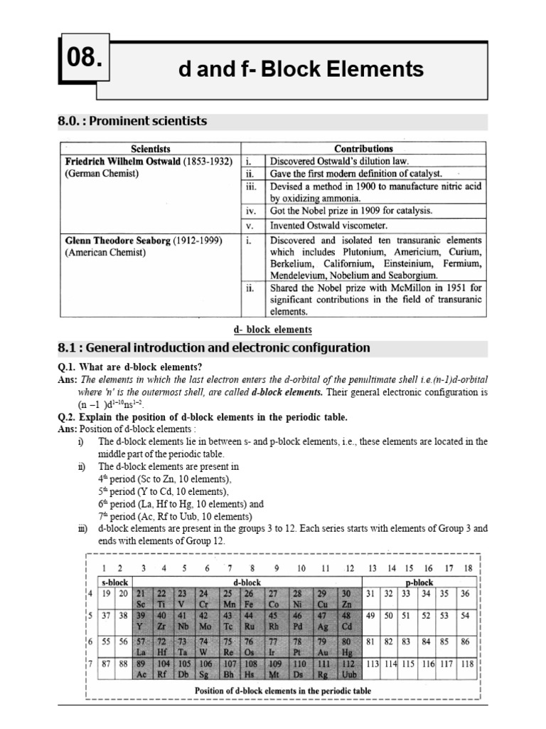 D and F - Block Elements - A | PDF | Transition Metals | Electron Configuration