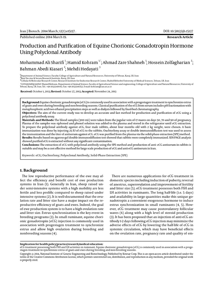 Production and Purification of Equine Chorionic Gonadotropin Hormone ...