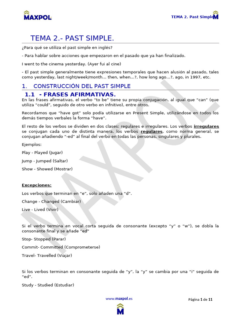 TEMA 2 Past Simple 2024 | PDF | Verbo | Sintaxis