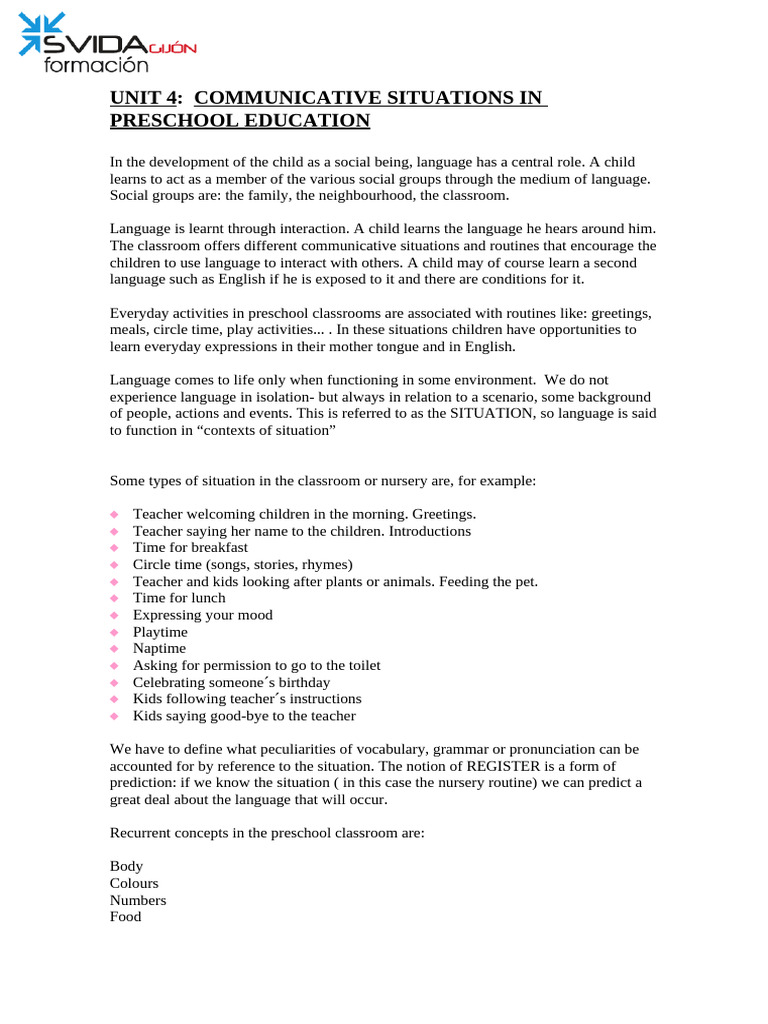Unit 4 - Communicative Situations | PDF | Teachers | Preschool
