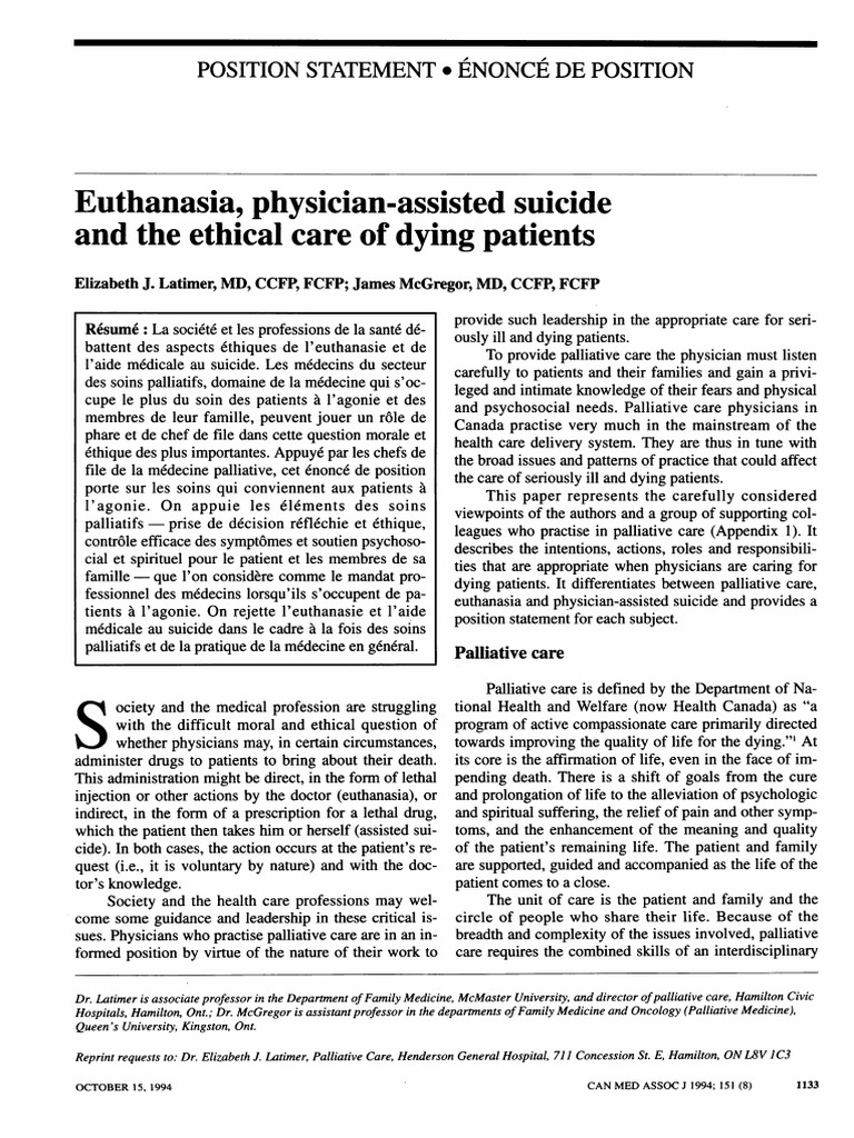 Latimer - 1994 - Euthanasia, Physician Assisted Suicide and The Ethical Care of Dying Patients ...