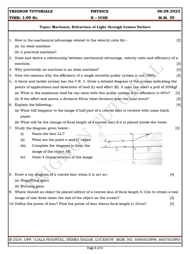 PHY. X-ICSE - (Machines, Refraction-Part-I) | PDF | Equipment | Optics