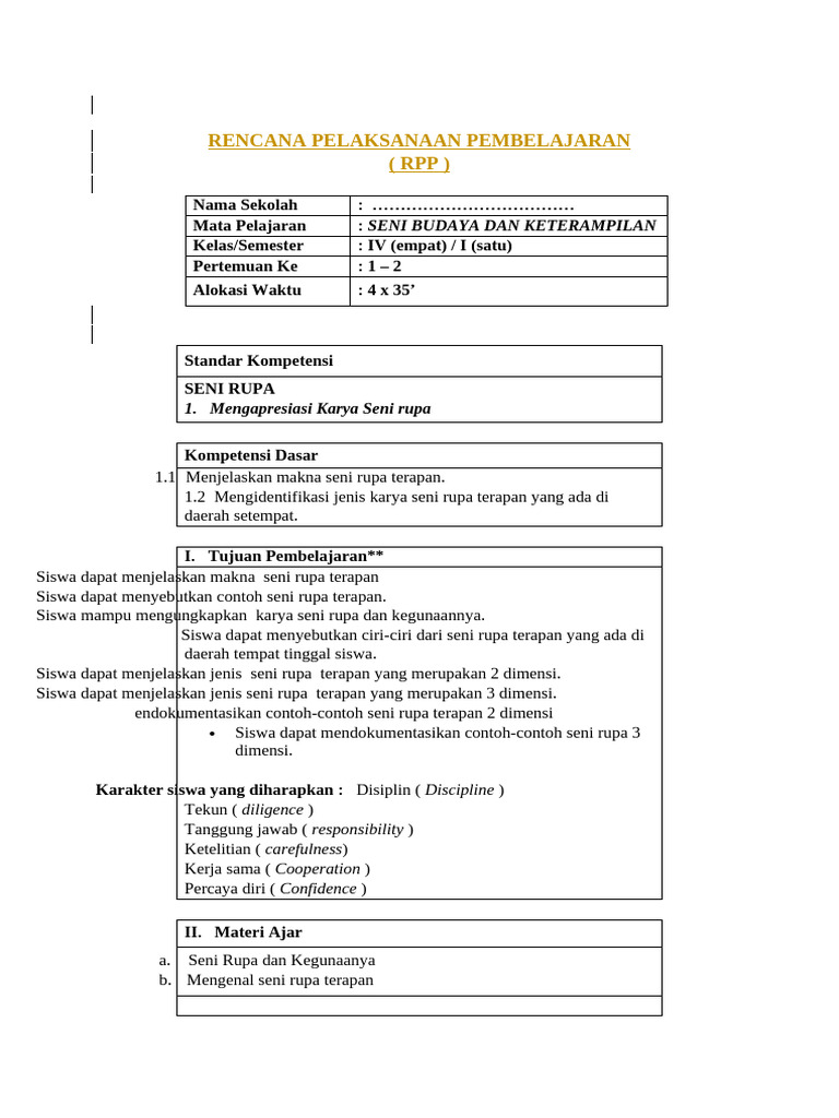 Contoh RPP Seni Budaya Dan Kesenian Kela | PDF | Seni