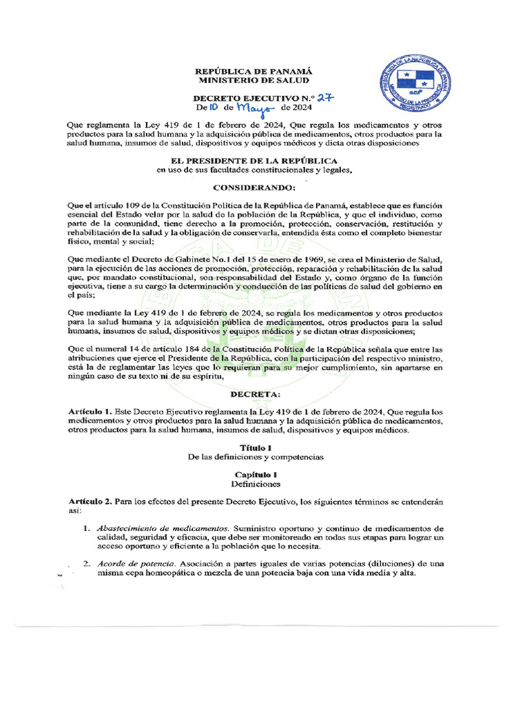Decreto Ejecutivo No 27 de 10 de Mayo de 2024 - Reglamenta La Ley 419 de 1 de Febrero de 2024 de ...